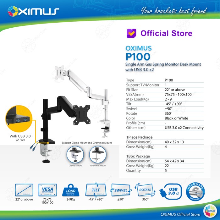 Jual Bracket Bracket Monitor Gas Spring Oximus P100 Tilt Swivel Rotate ...