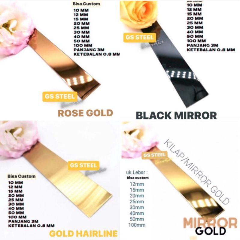Jual LIST PLAT STRIP MIRROR GOLD ROSE GOLD BLACK MIRROR GOLD HAIRLINE ...