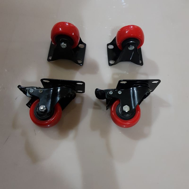 Jual Roda 2 inch pu merah ball bearing 2putar+rem 2mati (harga 4 roda ...