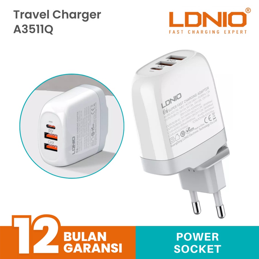 Jual LDNIO A3511Q Travel Charger PD GanX 65W Super Fast Charging ...