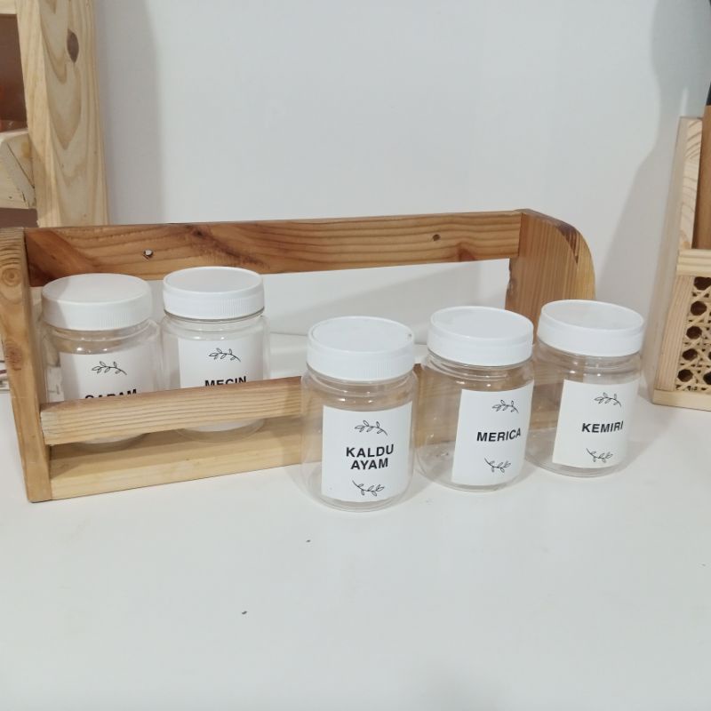 Jual Rak Bumbu Kayu Serbaguna free 5 Toples + Stiker Label Bumbu Dasar ...
