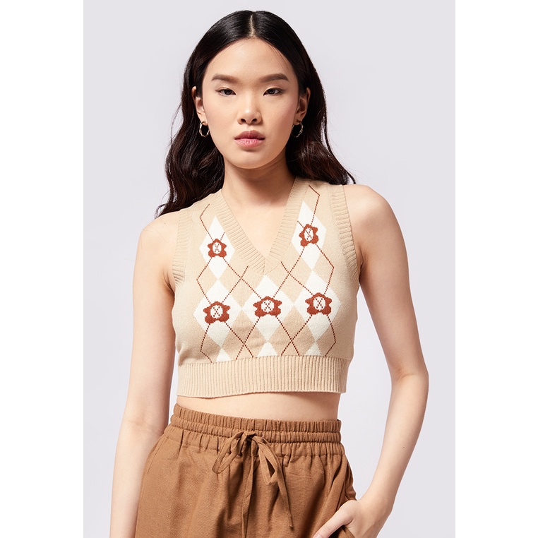Jual Colorbox Flower Argyle Crop Vest Beige | Shopee Indonesia