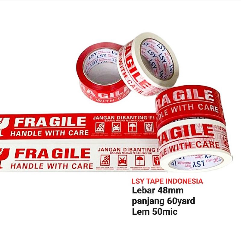 Jual lakban fragile full merah & putih LSY TAPE INDONESIA 48mm x 60yard ...
