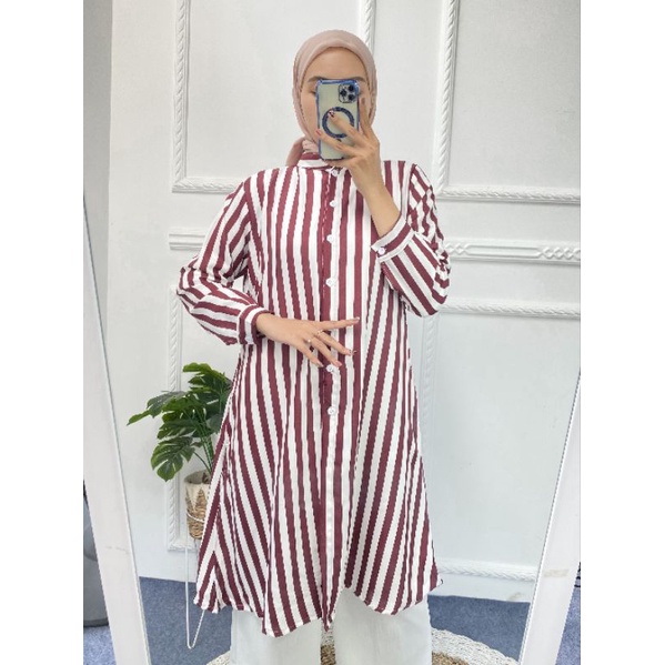 Jual Long Tunik Kancing Tunik Salur Shakila Tunik Garis Stripe | Shopee ...