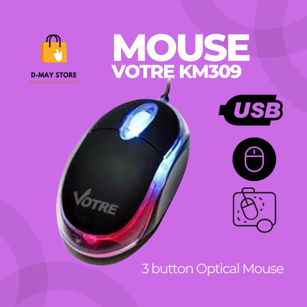 Jual Optical Mouse Kabel Murah USB Votre KM-309 3 Button Komputer ...