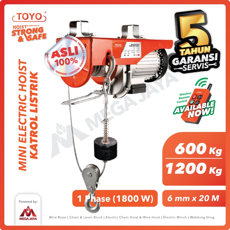 Jual TOYO Mini Electric Hoist / Katrol Listrik 600/1200 Kg x 20 Meter ...