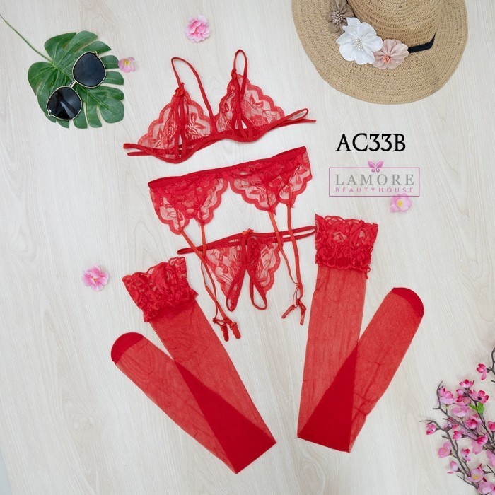 Jual BRA SET BH CD SEKSI + SABUK PAHA + STOCKING SEXY LACE MERAH AC33B ...