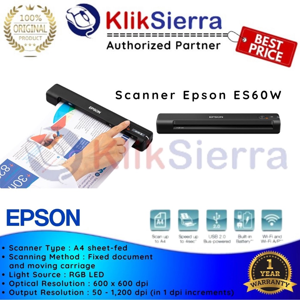 Jual Scanner Epson WorkForce ES-60W Portable Sheetfed Wifi ES60W Resmi ...