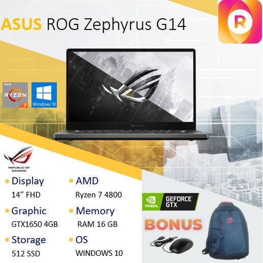 Jual ASUS ROG Zephyrus G14 GA401 Ryzen7 4800 16GB 512ssd GTX1650 4GB W10 - GRAY | Shopee Indonesia