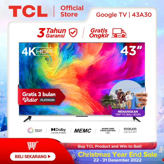 Jual TCL 43 inch Smart TV-4K UHD-Dolby-Atmos-HFVC 2.0 -MEMC- 43A30 TERBARU | Shopee Indonesia