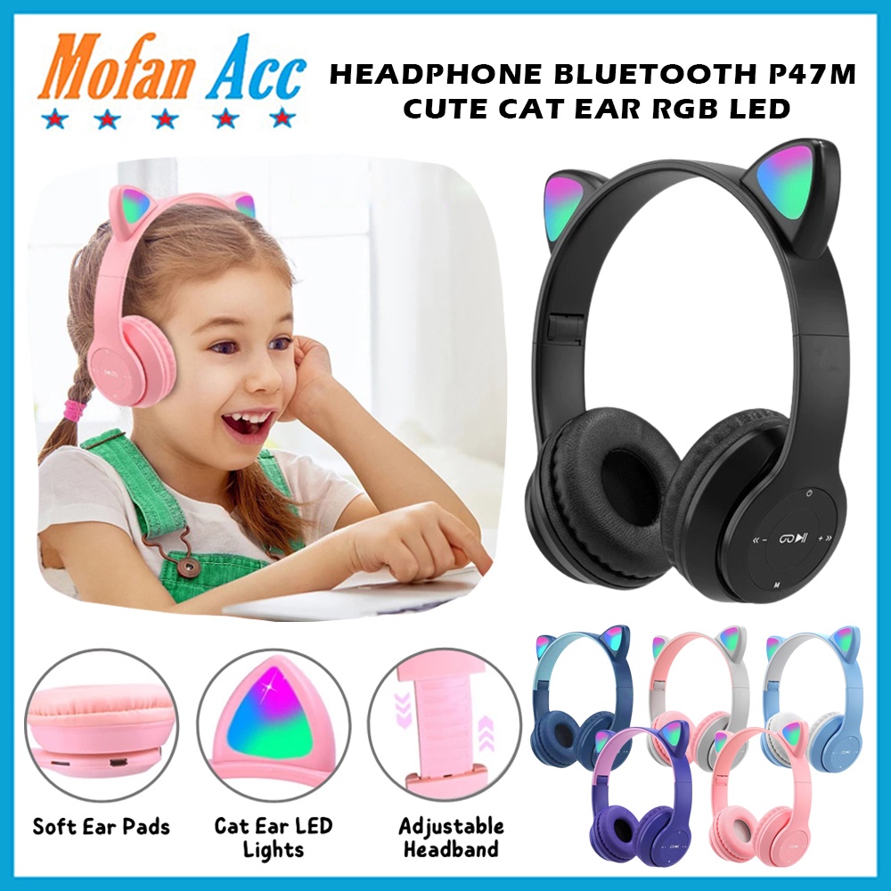 Jual Headphone Bluetooth P47M RGB LED / Cute Cat Ear Wireless Audio ...