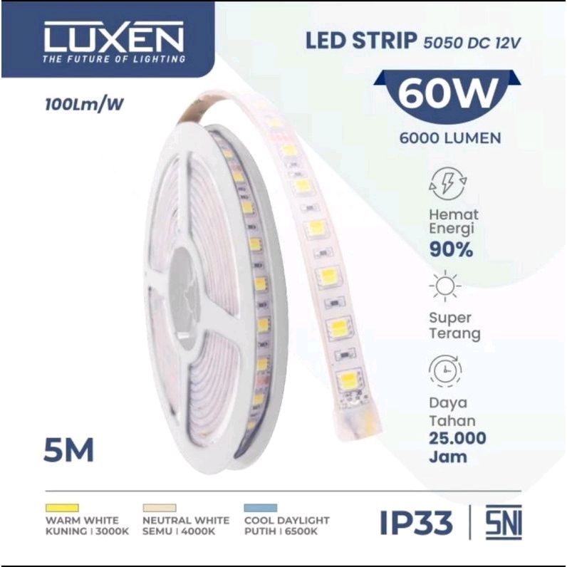 Jual LUXEN Lampu Strip LED SMD 5050 60w/5m 12V Putih/CDL 6500K-NW 4000K-Kuning/WW 3000K- LUXEN ...
