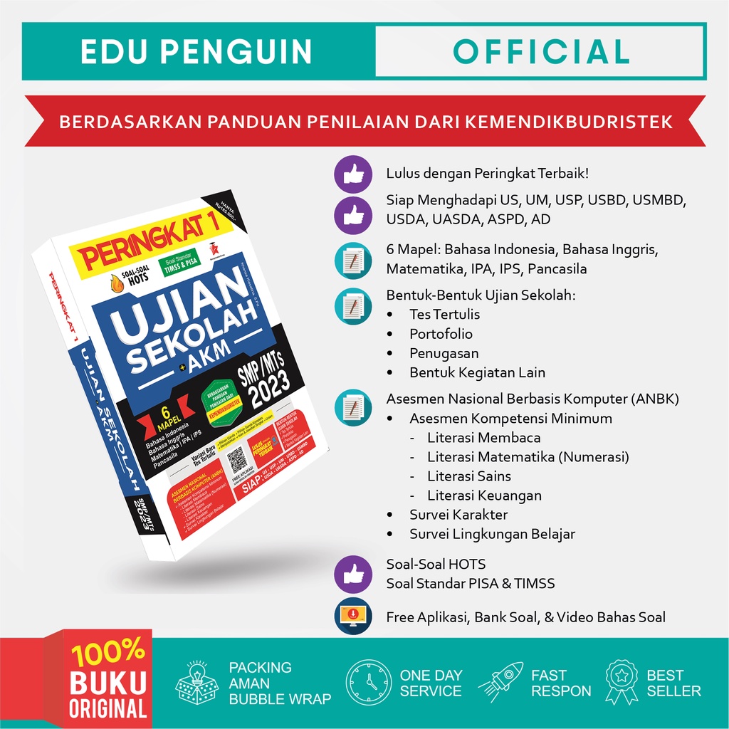 Jual Edu Penguin Buku Peringkat 1 Ujian Sekolah + AKM USBN SMP/MTs 2023 ...