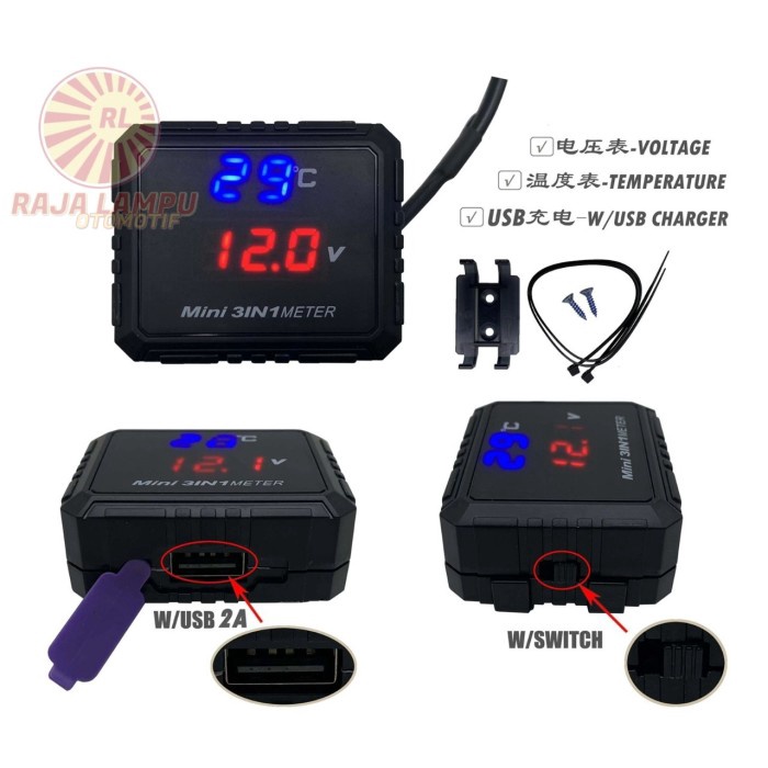 Jual VOLTMETER AKI 3 IN 1 USB TEMPERATURE VOLTAGE PLUS BREKET DAN BAUT ...