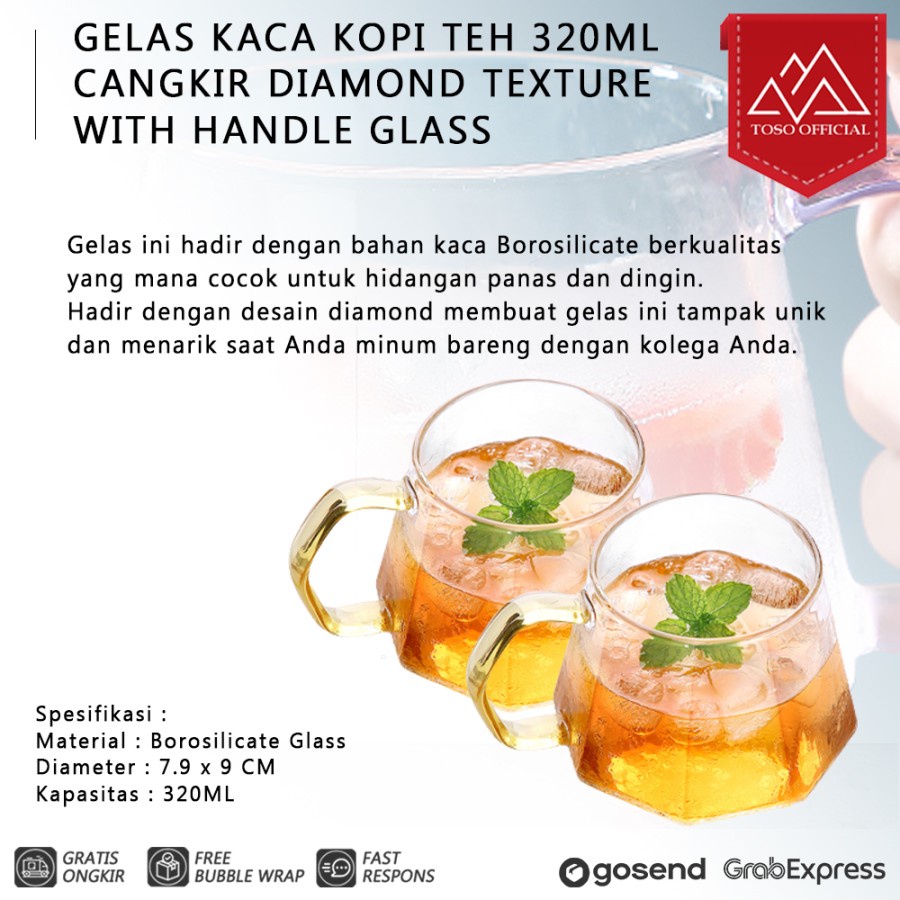 Jual GELAS KACA KOPI TEH 320ML CANGKIR DIAMOND TEXTURE WITH HANDLE GLASS | Shopee Indonesia
