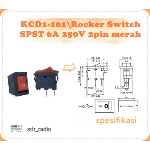 Jual SPST 6A 250V 2pin 15x21mm KCD1-101 Saklar on-off Merah Rocker ...