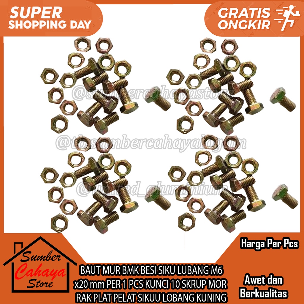 Jual BAUT MUR BMK BESI SIKU LUBANG M6 x20 mm PER 1 PCS KUNCI 10 SKRUP MOR RAK PLAT PELAT SIKUU ...