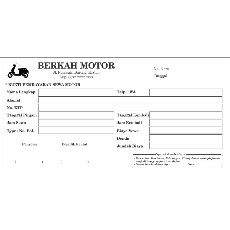 Jual NOTA RENTAL MOTOR/NOTA RENTAL MOBIL/NOTA RENTAL/NOTA CUSTOM ...