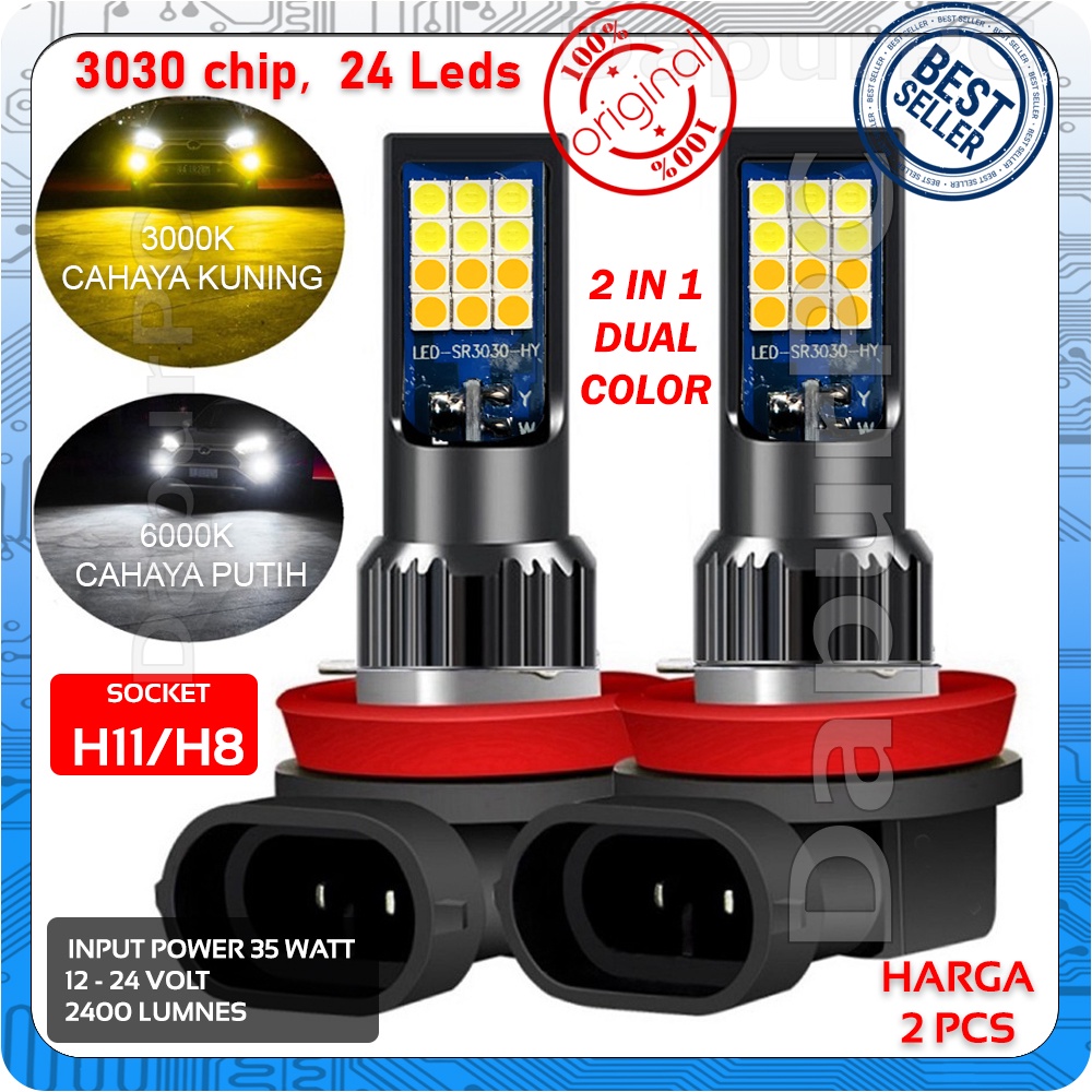 Jual Lampu Mobil LED 24smd H11/H8 Dual Color Putih Kuning 6K 3K Headlight Fog Lamp 2 PCS ...
