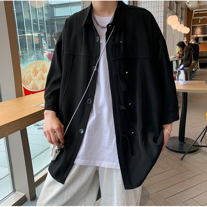 Jual Outer Shirt 7-Point Sleeve Jacket Shirt Casual Oversize in Black ...