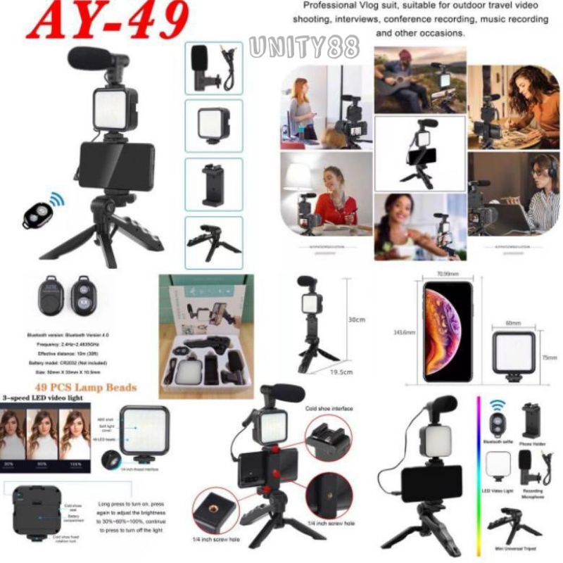 Jual VIDEO MAKING KIT AY-49 TRIPOD HOLDER HP WITH MIKROFON + LAMPU LED+KABEL + REMOTE VLOGGING ...