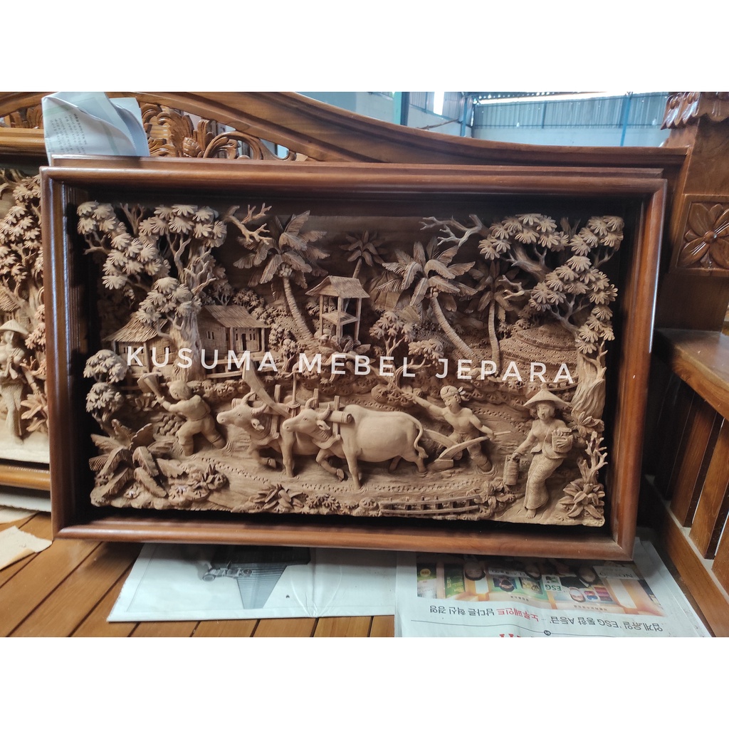 Jual Hiasan Dinding Relief Gembala Sapi Pedesaan 2 Kayu Jati - Panjang ...