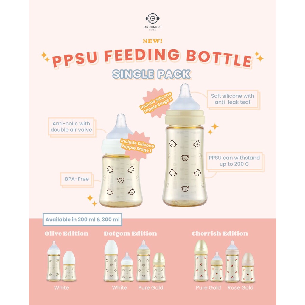 Jual Botol susu bayi Grosmimi PPSU Olive Feeding Bottle With Teat Single Pack 200ml / 300ml ...
