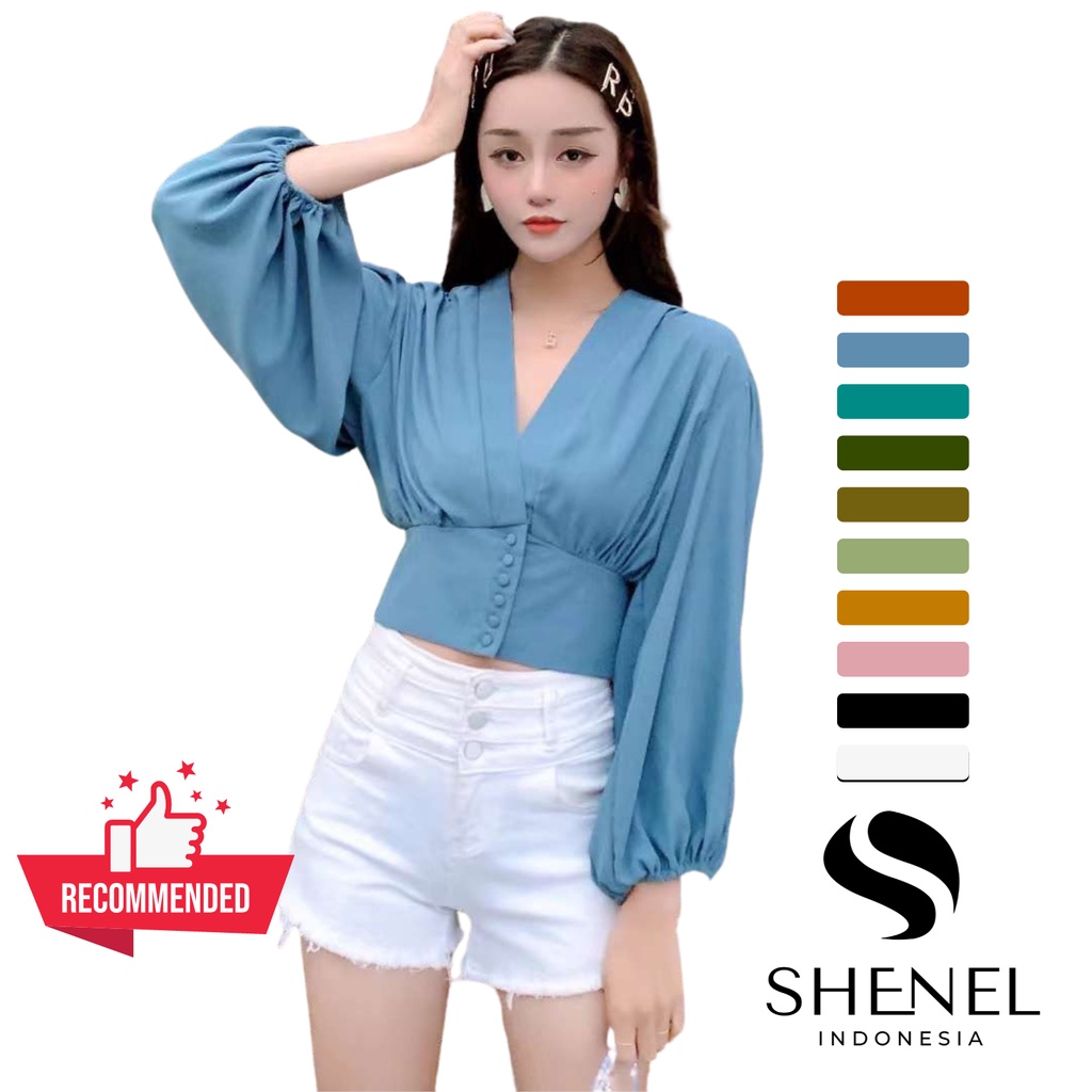 Jual Shenel | Moment Shakila Blouse Lengan Balon V-Neck Blus Wanita ...