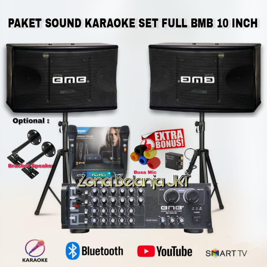 Jual PAKET SOUND SYSTEM KARAOKE SET FULL BMB SPEAKER 10 INCH AMPLIFIER BLUETOOTH MIC WIRELESS ...
