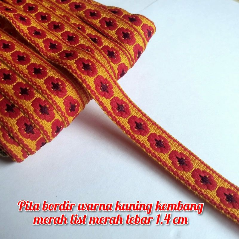 Jual per meter,pita bordir warna kuning kembang merah list merah lebar ...