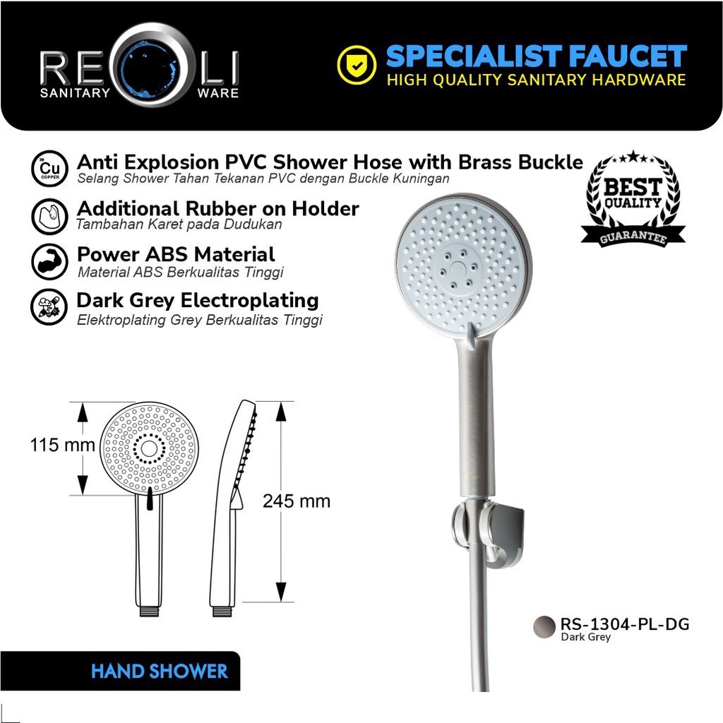 Jual REOLI Hand Head Shower Set Paket Selang Air Dark Grey 1304 ...