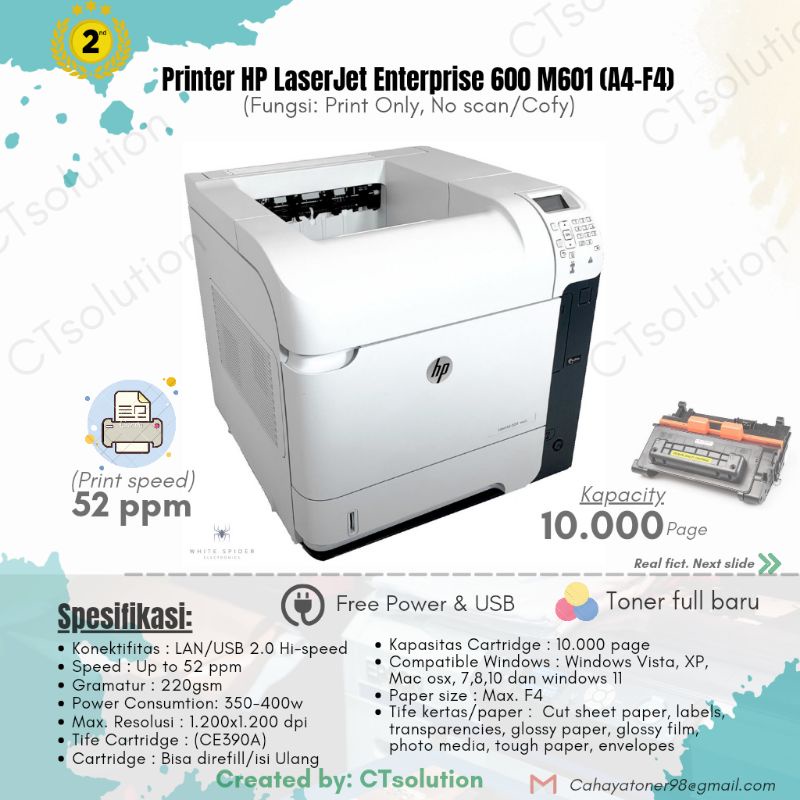 Jual Printer HP LaserJet Enterprise 600 M601N Speed 55 Lembar/Menit ...