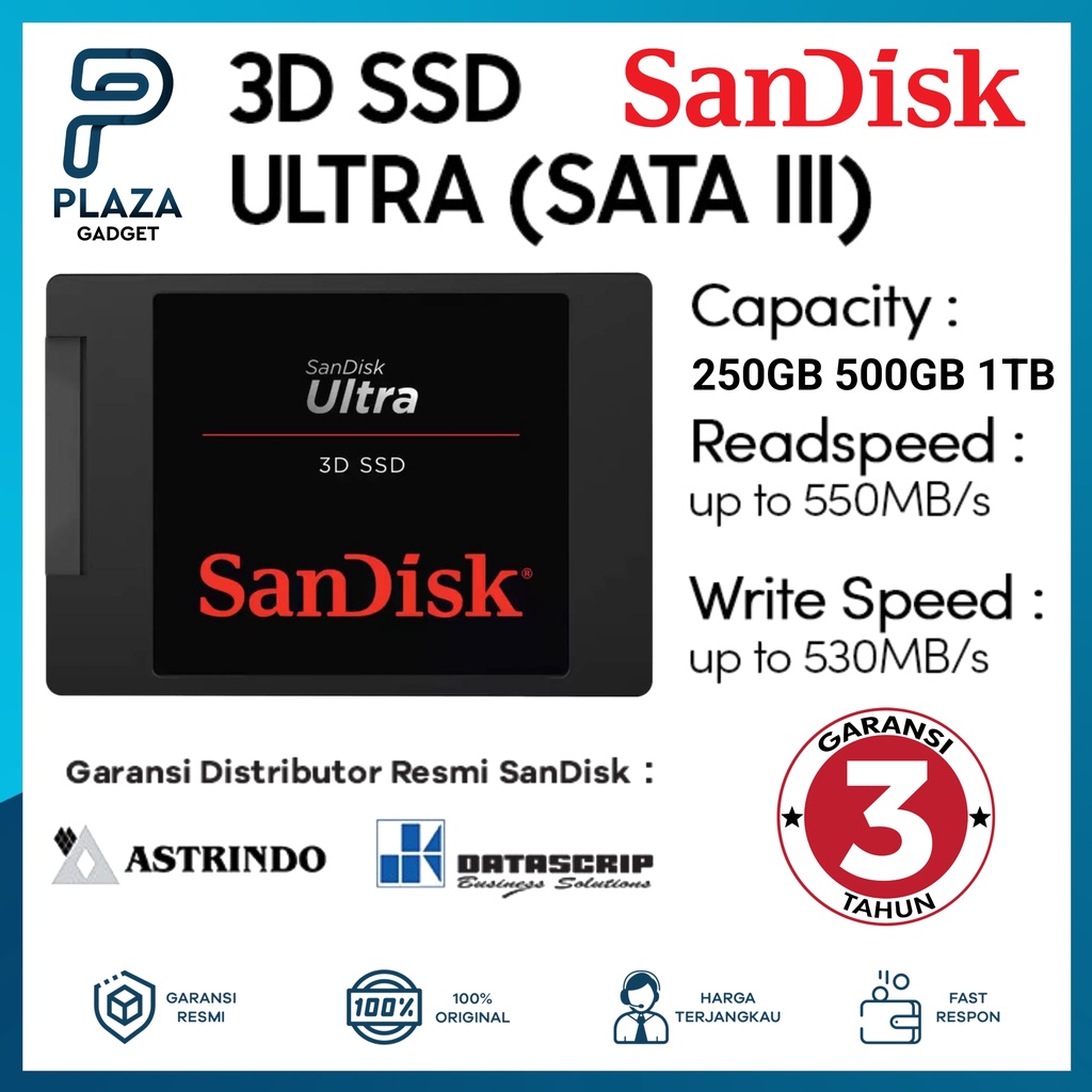 Jual Sandisk SSD Ultra 3D Sata 3 250GB 500GB 1TB Up to 550MBps ORIGINAL ...