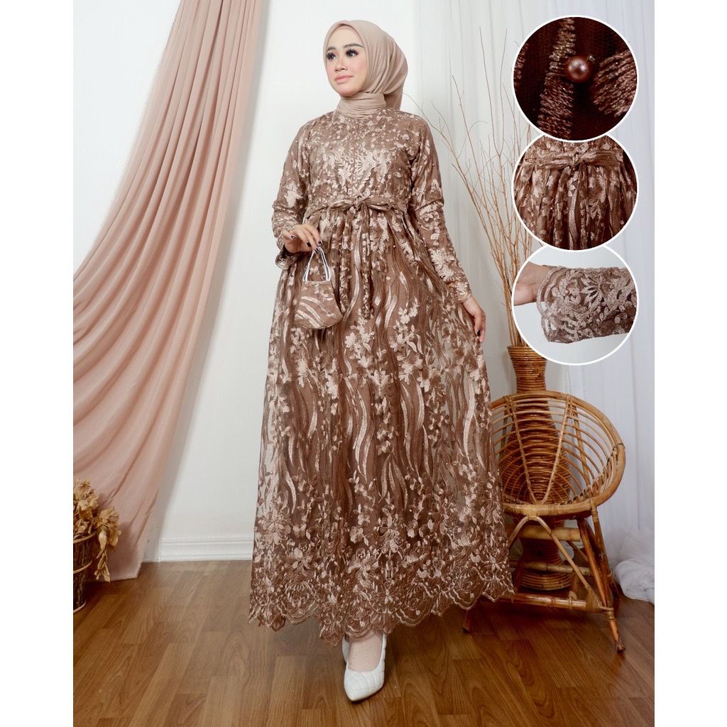 Jual GAMIS BUSUI FULL BRUKAT AMANDA/ KOMBINASI BRUKAT TILE SIZE M-L-XL-XXL/ FREE MASKER BRUKAT ...