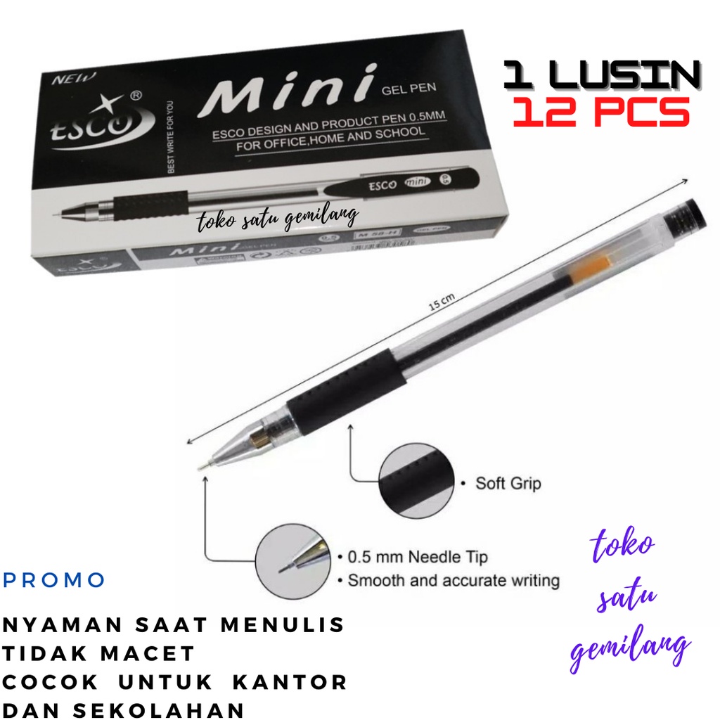 Jual (1Lusin) Pulpen Gel Esco Mini Warna Hitam 0.5mm Gel Mata Jarum ...