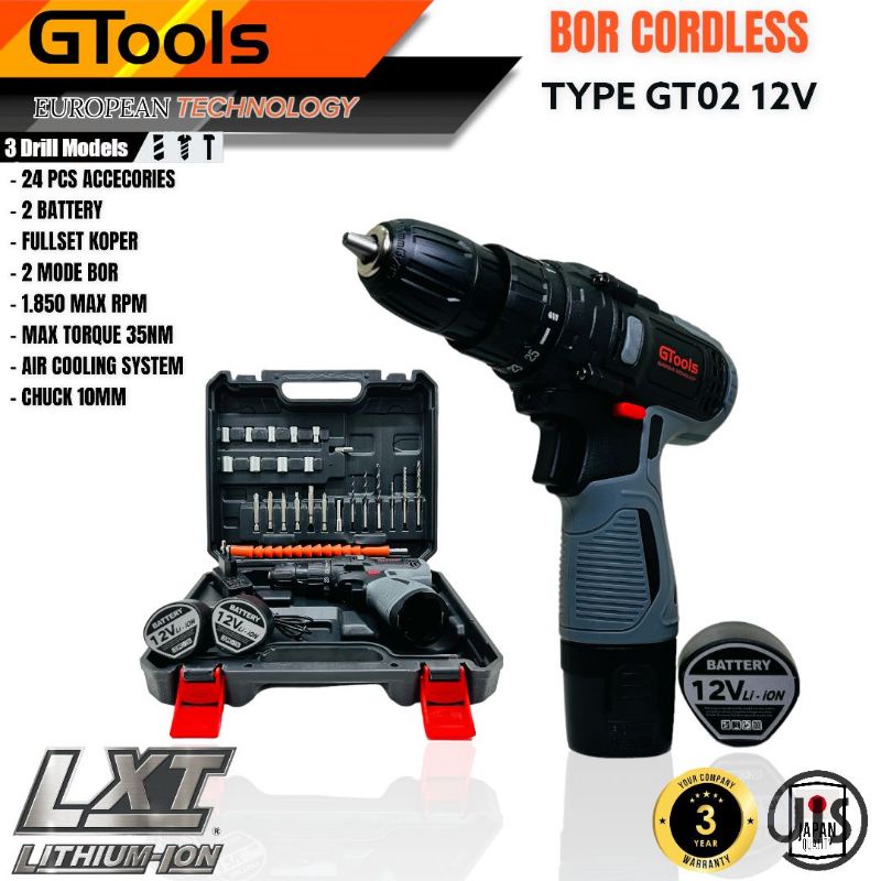 Jual Bor cordless 12v GTOOLS EROPA GT01-GT02 mesin bor baterai drill tembok besi kayu sekrup ...