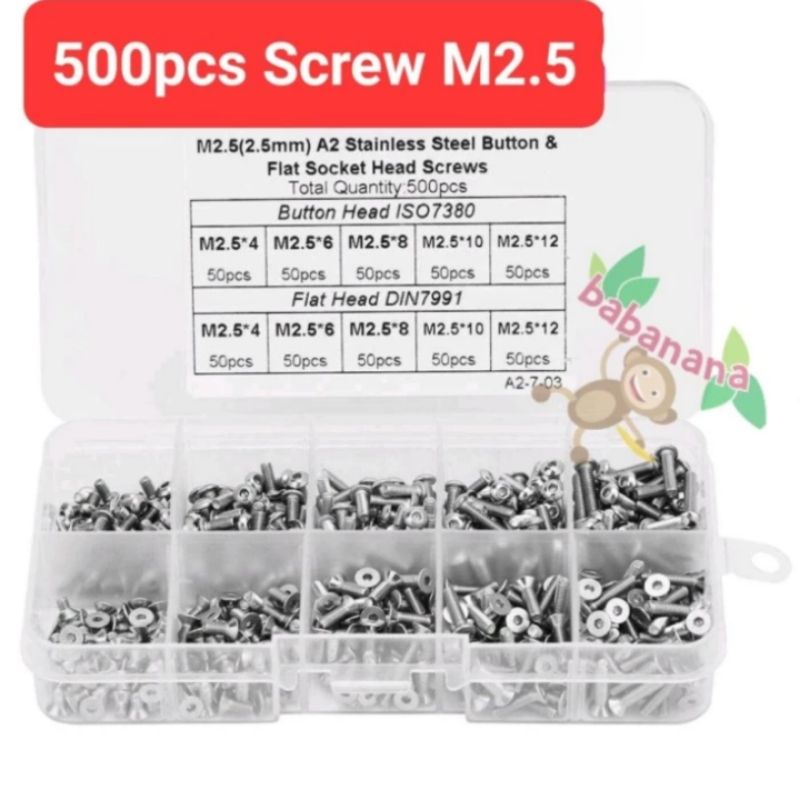 Jual 500pcs M2.5 Hex Screw Flat Head Button Head Baut Sekrup Stainless ...