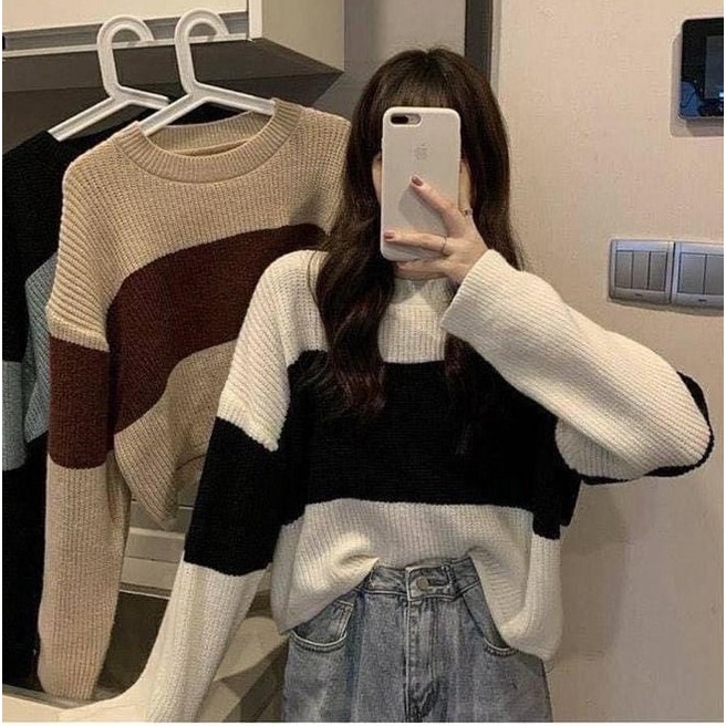 Jual FASHION KOREA BIG STRIPE TOP KNITE | BLOUSE RAJUT ATSAN KOREA ...