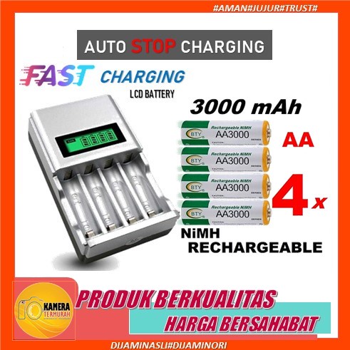 Jual PAKET BATERAI BTY AA 3000 Mah RECHARGEABLE 1,2V + QUICK SMART CHARGER | Shopee Indonesia