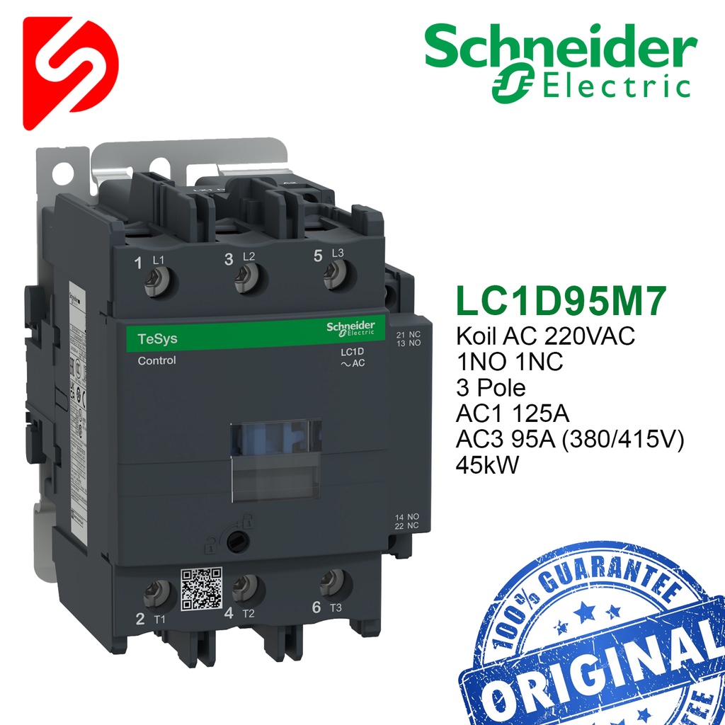 Jual Kontaktor LC1D95M7 3P 125A 220VAC 1NO 1NC Original Contactor ...