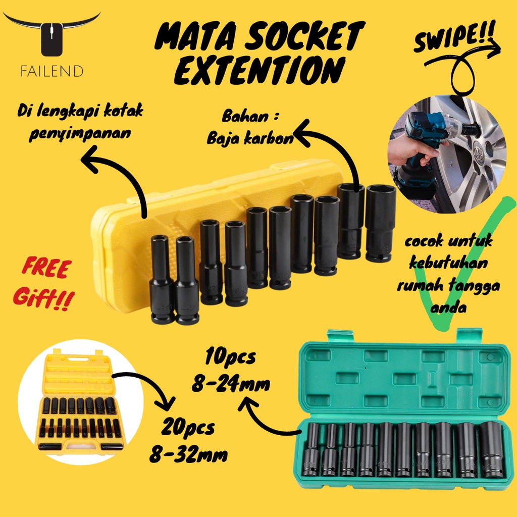 Jual Mata Socket Extention Impact Socket 10 pcs 20 pcs 1/2 Inch Impact ...