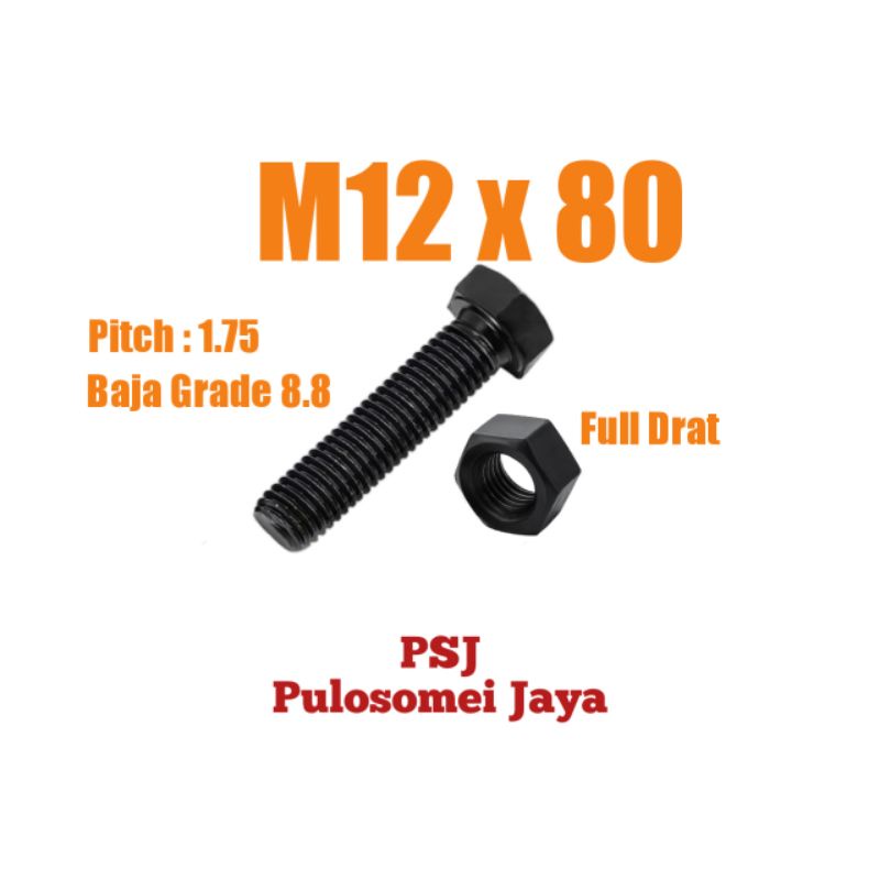 Jual Baut Mur Baja M12 x 80 / Baja Grade 8.8 / Baut Mur HTB M12 x 80 Full Drat | Shopee Indonesia