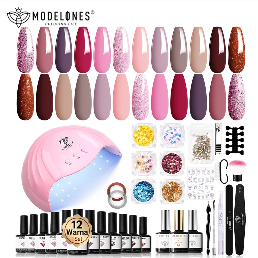 Jual Modelones Gel Nail Polish Kit with UV Light 48W Nail Lamp 12 Colors Nuetral Pink Glitter ...