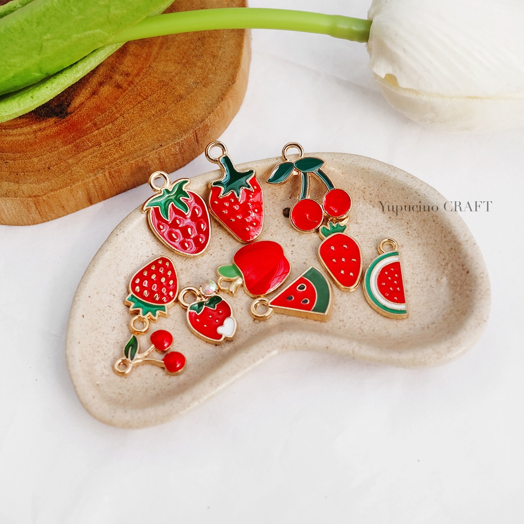 Jual Charms/Liontin/Bandul Gantungan Kunci Enamel Alloy Red Fruits / Buah-buahan (Apel, Cherry ...