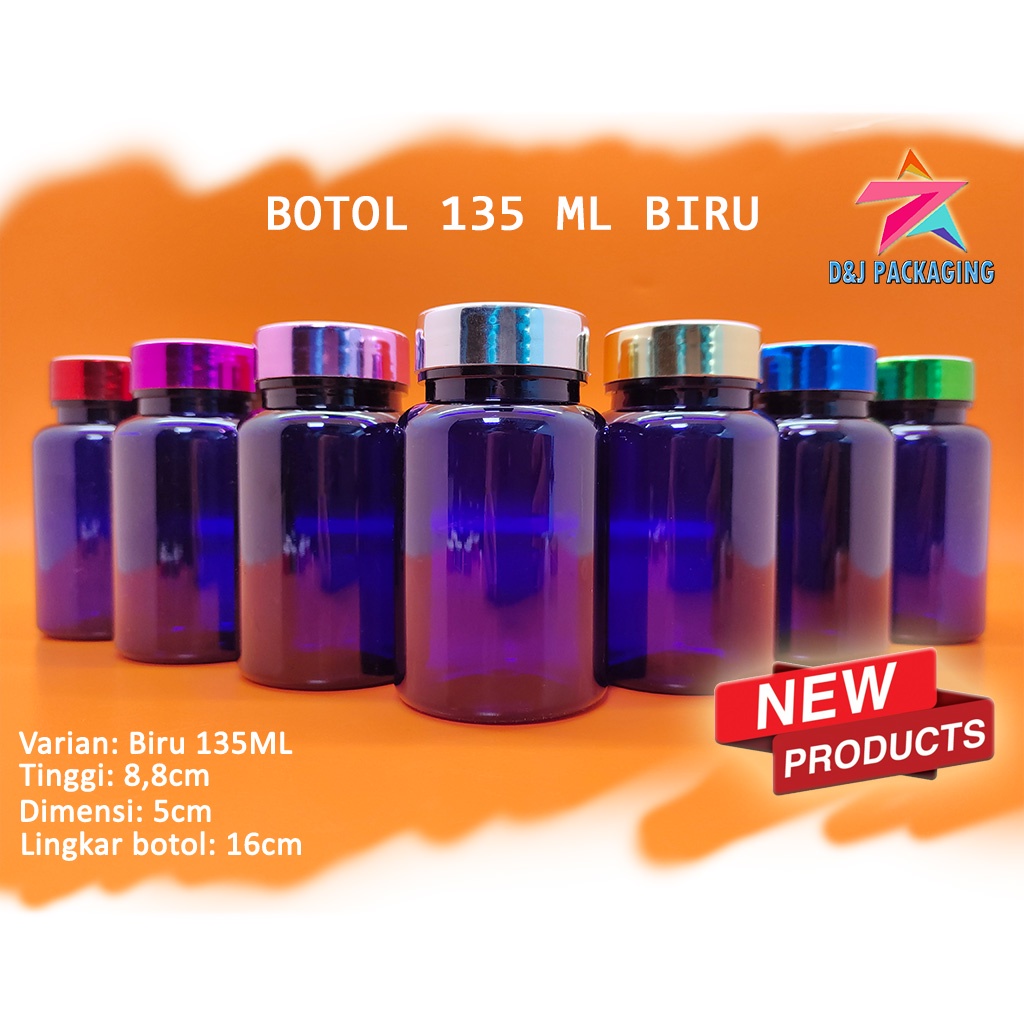 Jual Botol Obat 135 ml Kapsul isi 30-60 Biru Tutup List Gold + Plug ...