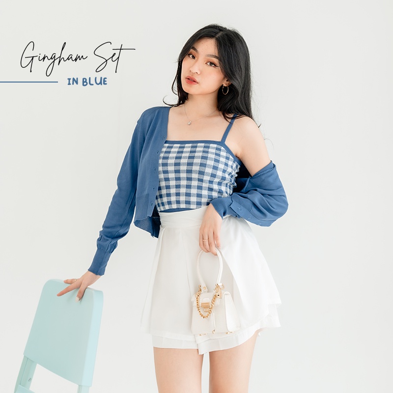Jual [DEAROLIN] Gingham Set | Atasan Knit Tanktop Cardigan Set Lengan Panjang Korean Rajut Long ...