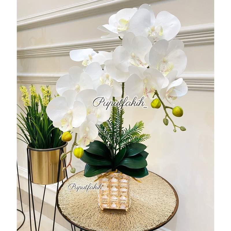 Jual Vas Crystal dengan bunga anggrek latex 2 tangkai daun rimbun ...