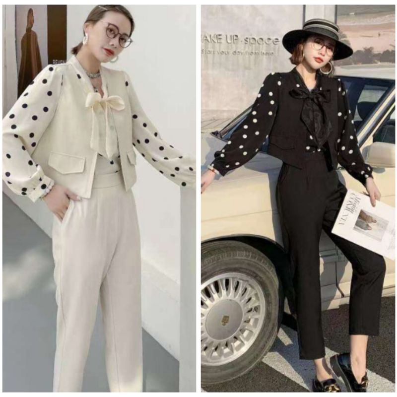 Jual One Set Import Premium Setelan Setcel 3pc Hitam Krem Polka ...