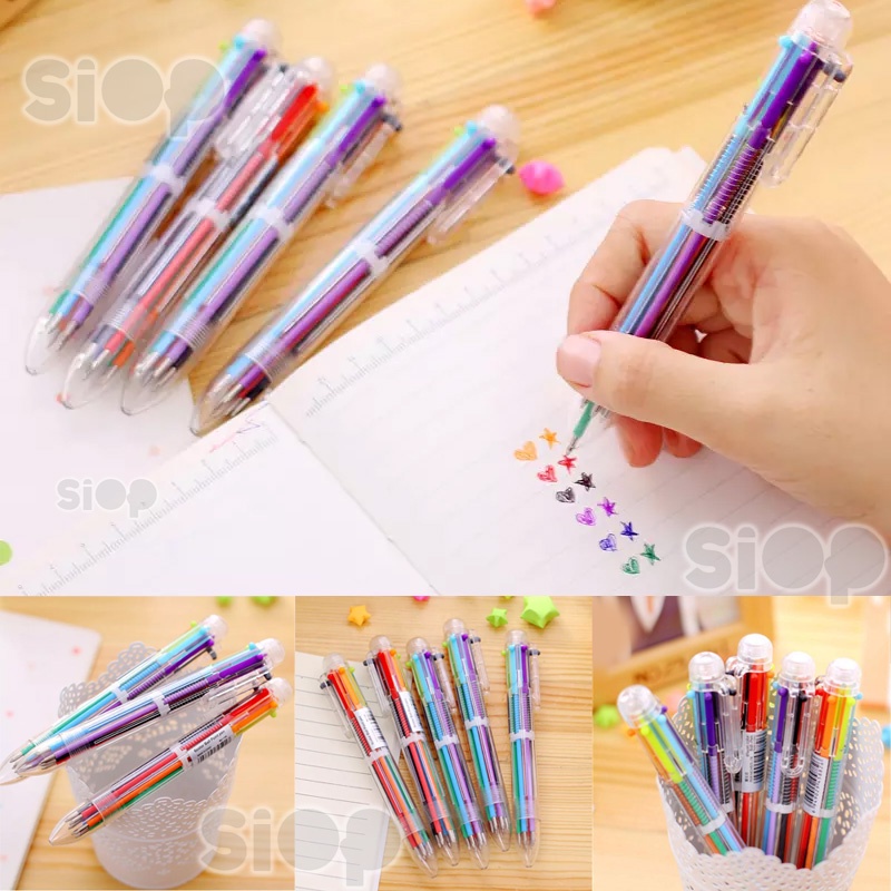 Jual Pulpen 6 Warna Tinta Minyak Kantor Sekolah 0.5mm Transparan ...