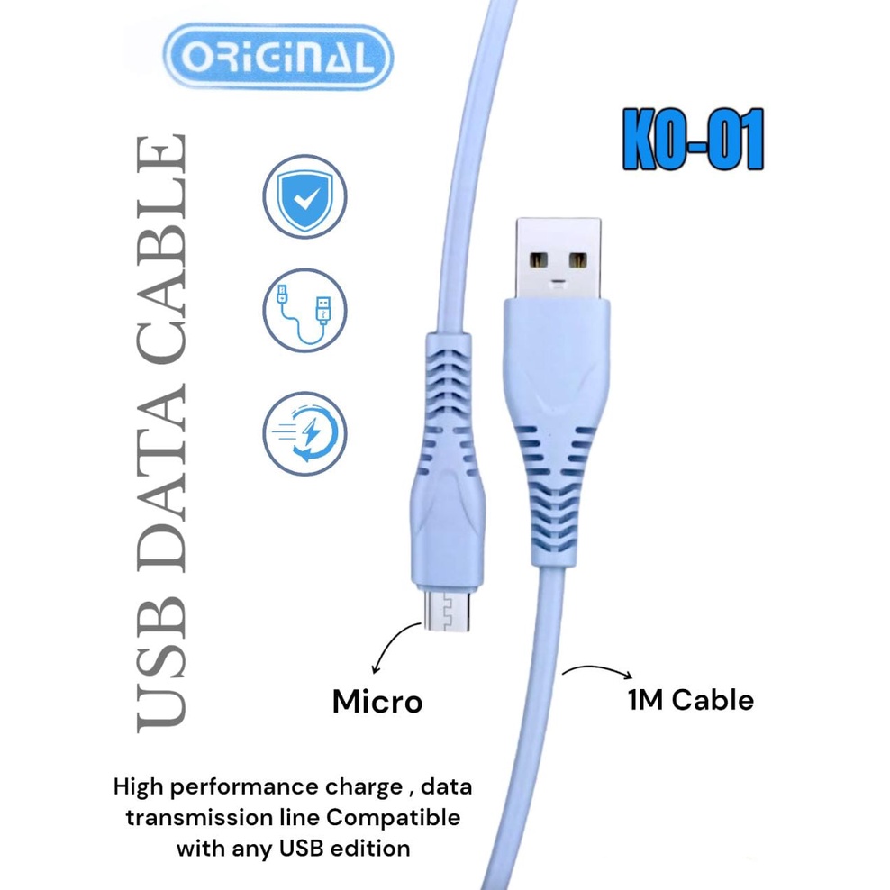 Jual KABEL CHARGER ORIGINAL MICRO KO-01 / KABEL DATA USB MICRO 1M PLUS PACK | Shopee Indonesia